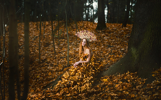 Fashion Autumn Model Fall Leaves Dress Beauty Girl In Kokoshniks Stock