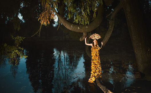 Fashion Autumn Model Fall Leaves Dress Beauty Girl In Kokoshniks Stock