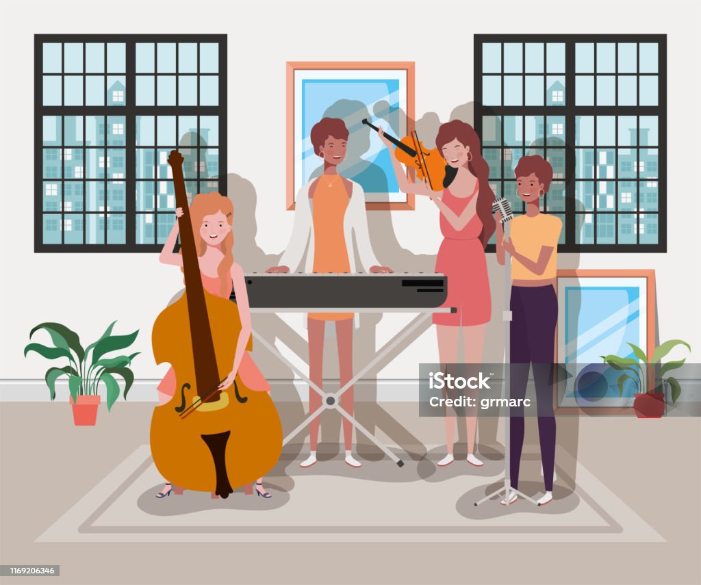 Vetores De Grupo De Mulheres Que Jogam Instrumentos No Quarto E Mais