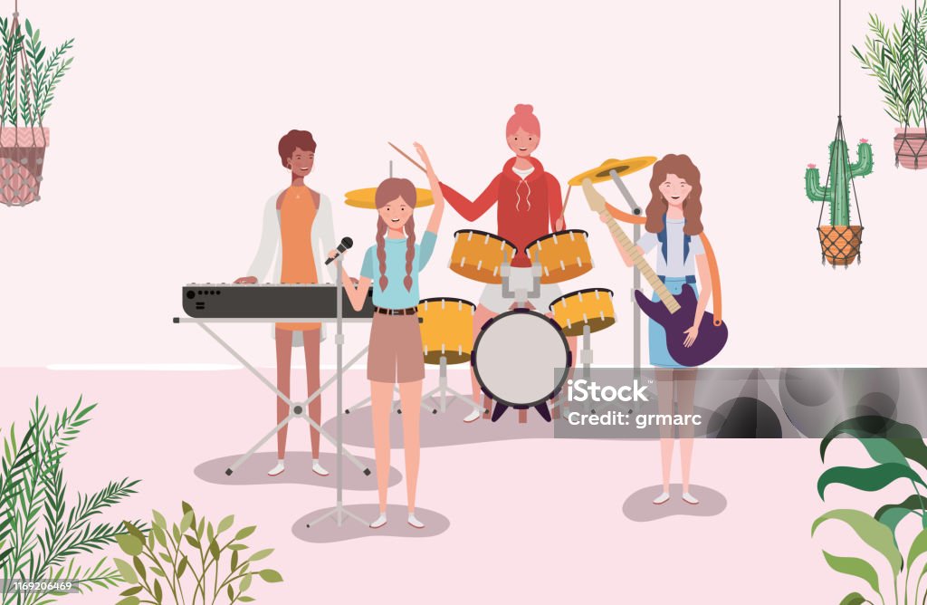 Vetores De Grupo De Mulheres Que Jogam Caráteres Dos Instrumentos E
