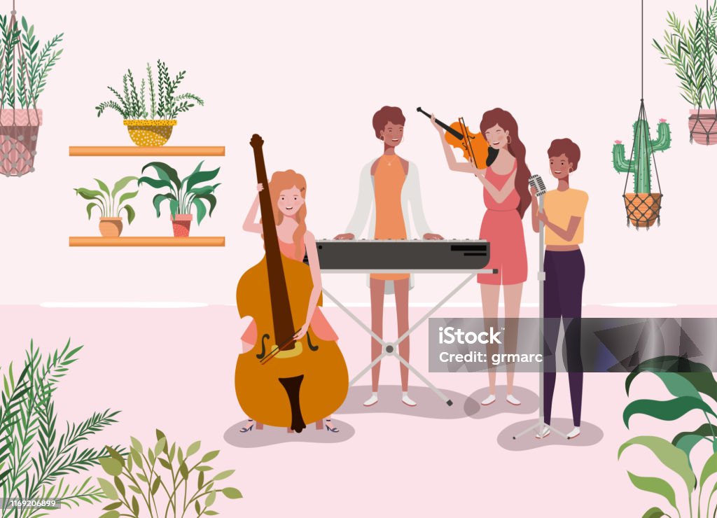 Vetores De Grupo De Mulheres Que Jogam Caráteres Dos Instrumentos E