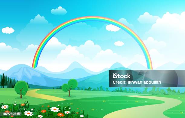 Langit Pelangi Yang Indah Dengan Ilustrasi Lanskap Alam Gunung Meadow ... Langit Pelangi Yang Indah Dengan Ilustrasi Lanskap Alam Gunung Meadow ...