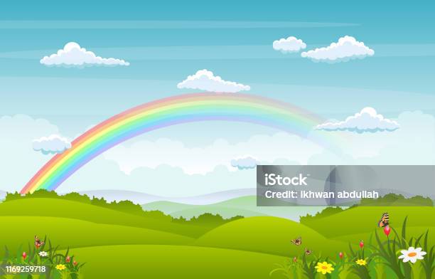 Langit Pelangi Yang Indah Dengan Ilustrasi Lanskap Alam Gunung Meadow ... Langit Pelangi Yang Indah Dengan Ilustrasi Lanskap Alam Gunung Meadow ...