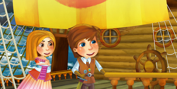 Scène De Dessin Animé Sur Le Bateau Prince Et Princesse Avec Son Invité