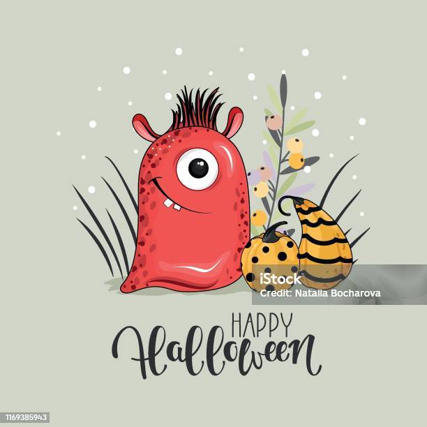 Undangan Halloween Template Kartu Ucapan Dengan Monster Lucu Labu Dan