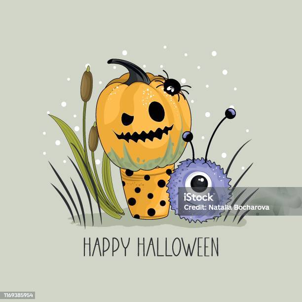 Undangan Halloween Template Kartu Ucapan Dengan Monster Lucu Labu Dan