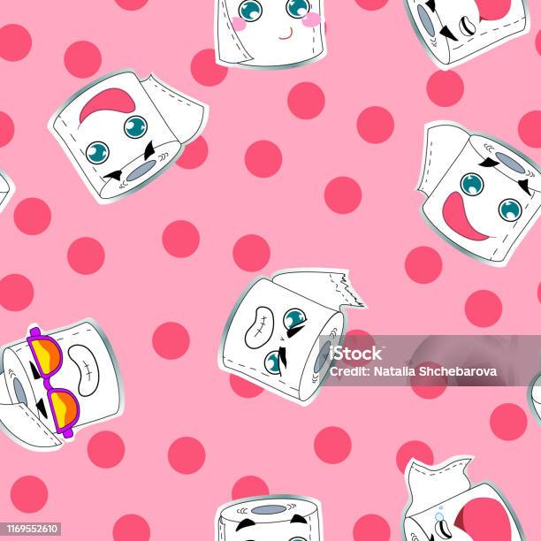 Vector Illustration Toilet Paper Seamless Pattern Happy Smiles Cartoon