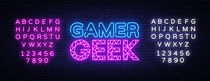 Gamer Geek Neon Text Vector Tanda Neon Game Template Desain Desain Tren