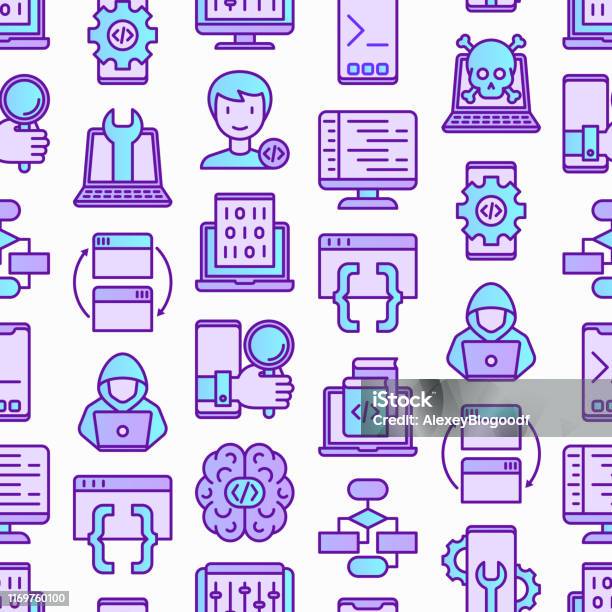 Programming Seamless Pattern With Thin Line Icons Developer Code Algorithm Technical Support