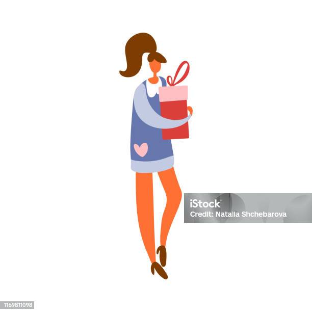 Gadis Kartun Datar Atau Wanita Berdiri Dan Memegang Kotak Hadiah Dengan ... Gadis Kartun Datar Atau Wanita Berdiri Dan Memegang Kotak Hadiah Dengan ...