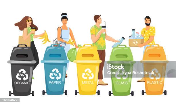Konsep Daur Ulang Orangorang Memilah Sampah Menjadi Wadah Untuk Didaur