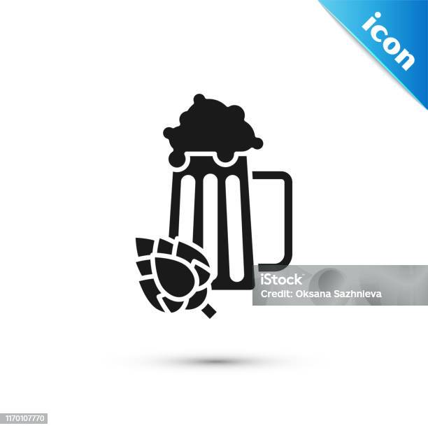 Zwart Glas Bier En Hop Icoon Geïsoleerd Op Witte Achtergrond Vector
