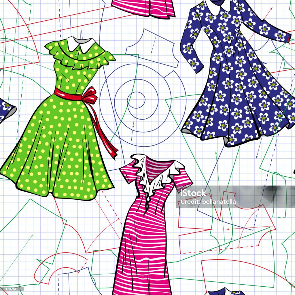 Seamless Vector Sewing Pattern With Paper Patterns And Sketches Of