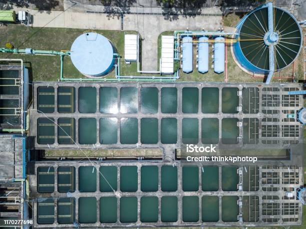 Pandangan Udara Sistem Penyaringan Air Di Pabrik Produksi Air Foto Stok