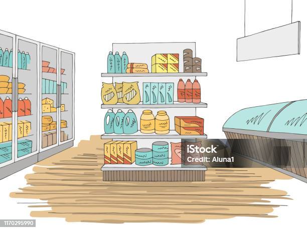 Toko Kelontong Warna Interior Warna Grafis Sketsa Ilustrasi Vektor