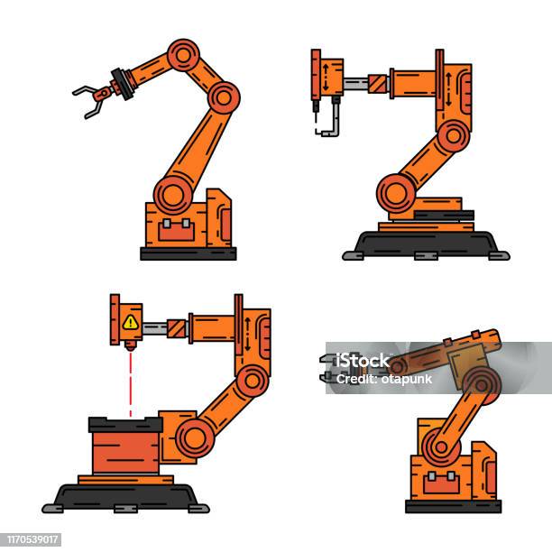 Ligne Plate Couleur Vector Vector E Ensemble Système De Bras Robot