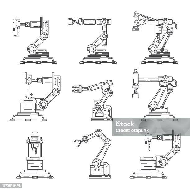 Ligne Plate Icône Vectoriele Ensemble Système De Bras Robot Isole