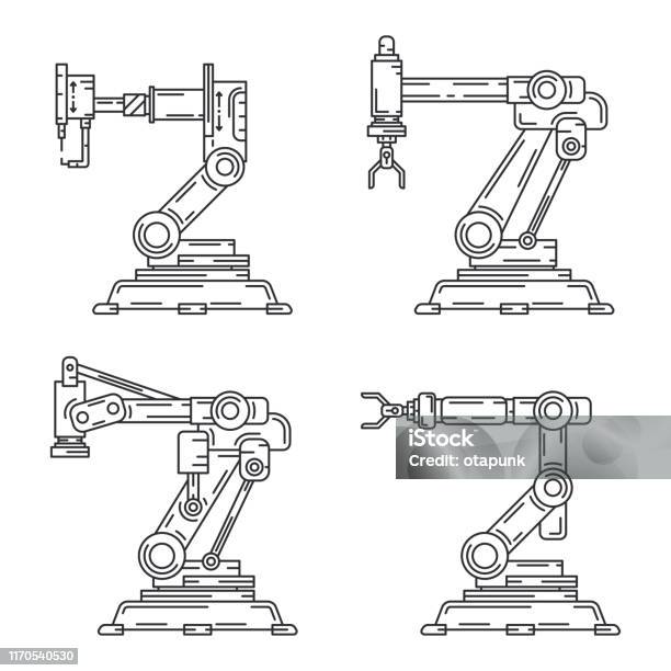 Ligne Plate Icône Vectoriele Ensemble Système De Bras Robot Isole