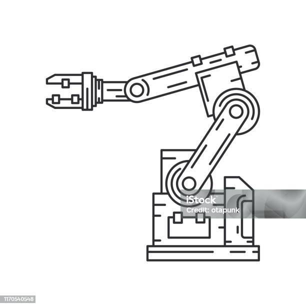 Line Datar Vektor Ikon Pabrik Konveyor Robot Sistem Lengan Mesin Robot