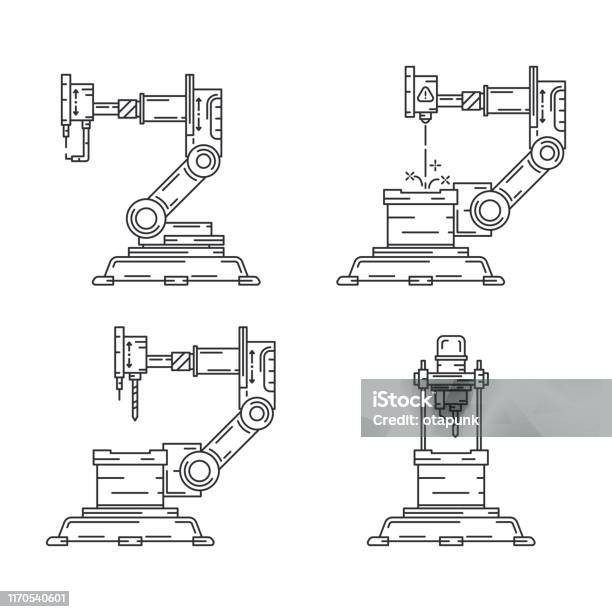 Ligne Plate Icône Vectoriele Ensemble Système De Bras Robot Isole