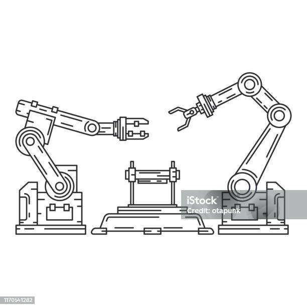 Line Datar Vektor Ikon Pabrik Konveyor Robot Sistem Lengan Mesin Robot
