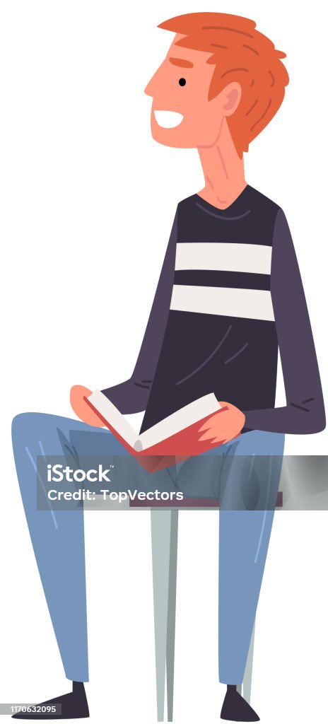 Vetores De Homem Novo Que Sentase Na Ilustração Do Vetor Do Livro Da