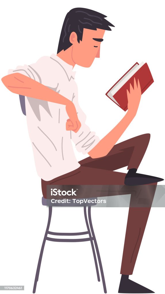 Man Sitting On Chair And Reading Book Side View Vector Illustration