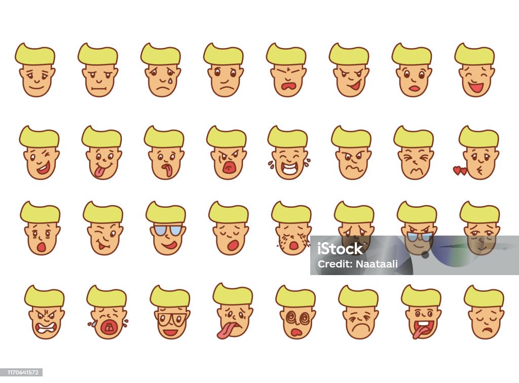Stock Ilustrace Mužské Ikony Hlavy S Různými Výrazy Emocí Na Obličeji