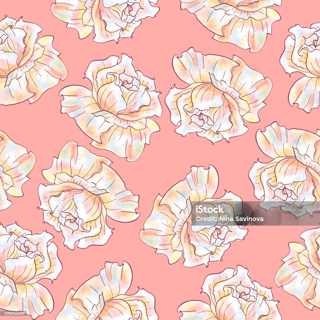 Beautiful Hand Drawn Watercolor Garden Flowers Seamless Pattern Stock