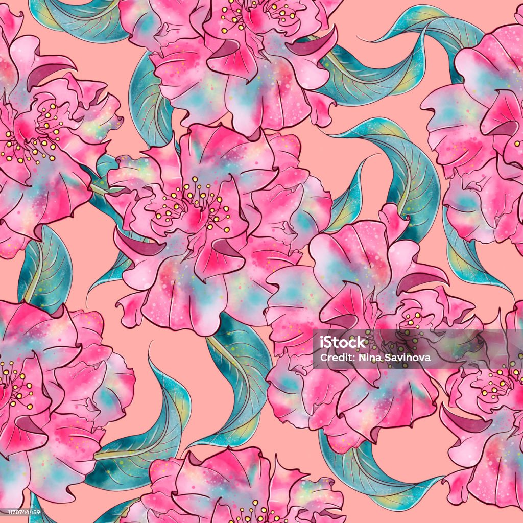 Beautiful Hand Drawn Watercolor Garden Flowers Seamless Pattern Stock