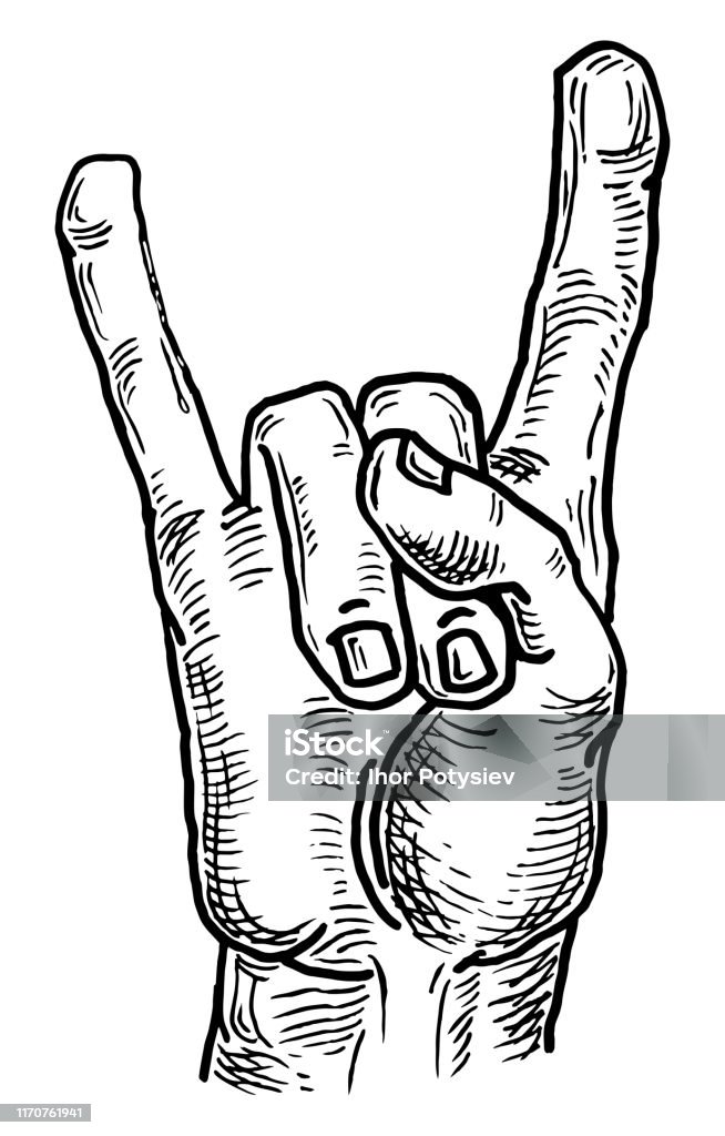 Rock And Roll Hand Sign Vector Black Vintage Engraving Stock