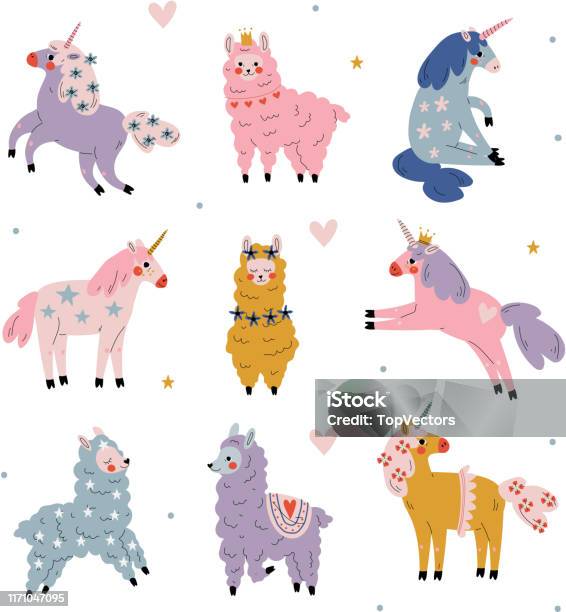 Ensemble Mignon De Lamas Et De Licornes Caractères Adorables Danimaux