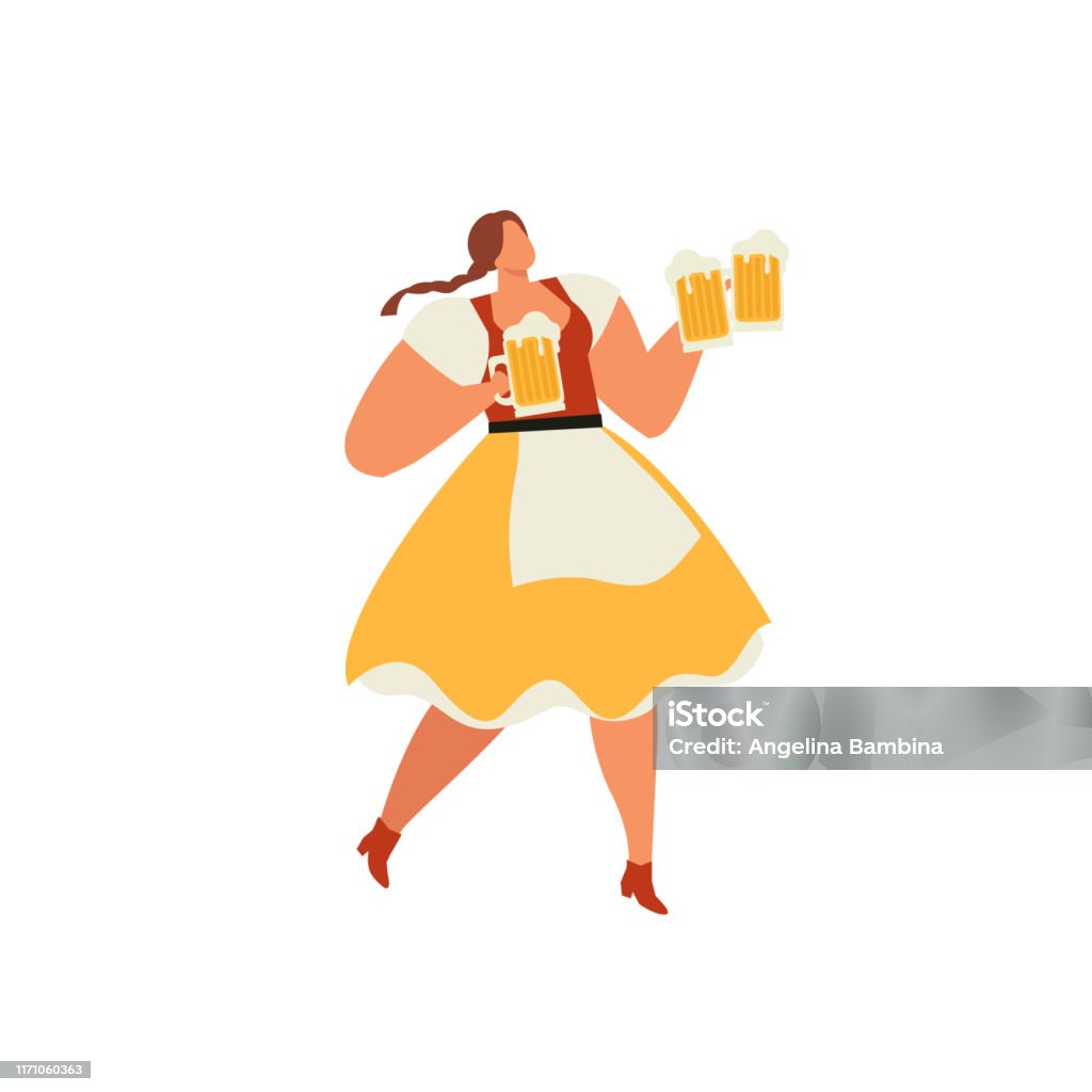 Young Beautiful Blonde Waitress Holding Beer Mugs On Beer Fest Festival