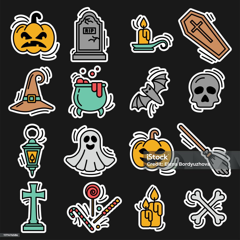 Ilustración de Iconos De Halloween Ambientados En Estilo Brillante De ... Ilustración de Iconos De Halloween Ambientados En Estilo Brillante De ...
