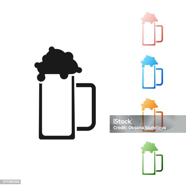 Zwart Glas Bier Icoon Geïsoleerd Op Witte Achtergrond Stel Pictogrammen