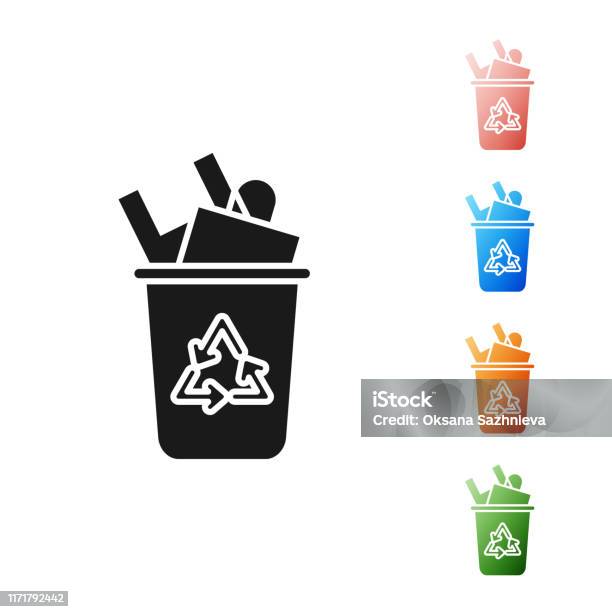 Zwarte Prullenbak Met Recycle Symbool Pictogram Geïsoleerd Op Witte