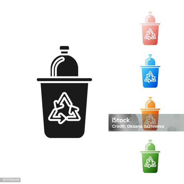 Zwarte Prullenbak Met Recycle Symbool Pictogram Geïsoleerd Op Witte