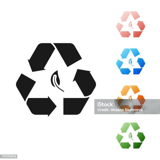 Zwart Recycle Symbool En Blad Icoon Geïsoleerd Op Witte Achtergrond