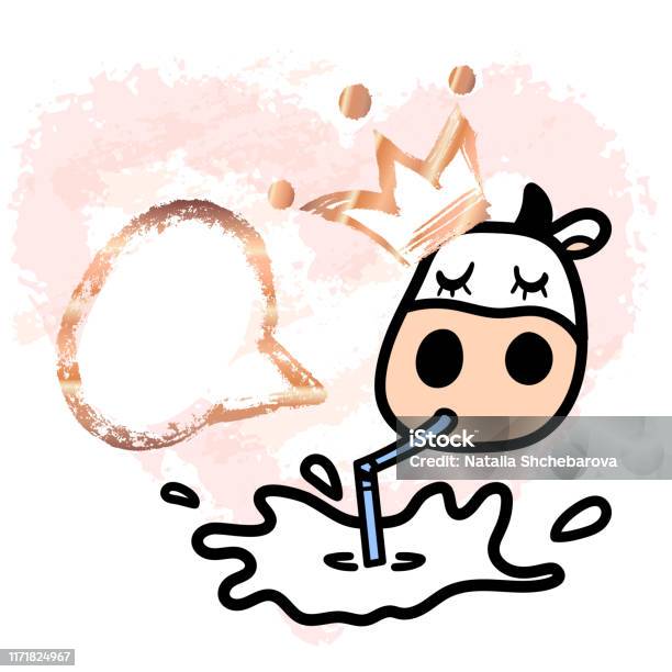 Kartun Garis Holstein Sapi Terisolasi Dalam Mahkota Emas Minum Susu