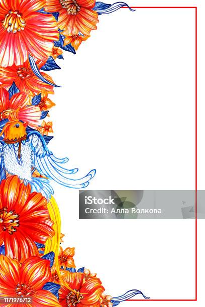 Arrangement De Fleur Avec Un Oiseau De Fantaisie Cadre Rouge Daquarelle