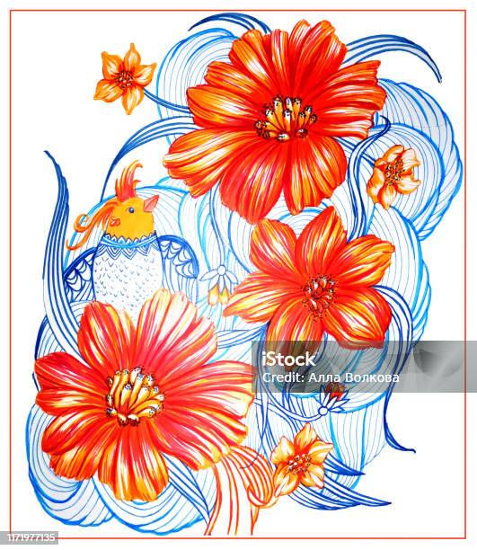 Arrangement De Fleur Avec Un Oiseau De Fantaisie Cadre Rouge Daquarelle