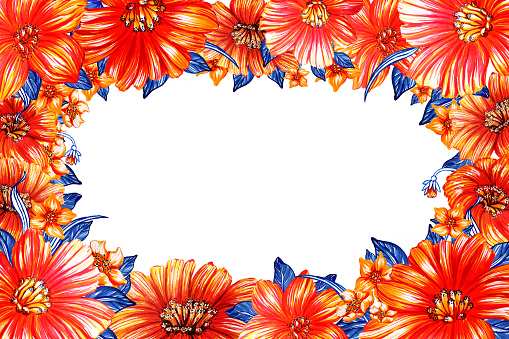 Arrangement De Fleur Avec Un Oiseau De Fantaisie Cadre Rouge Daquarelle