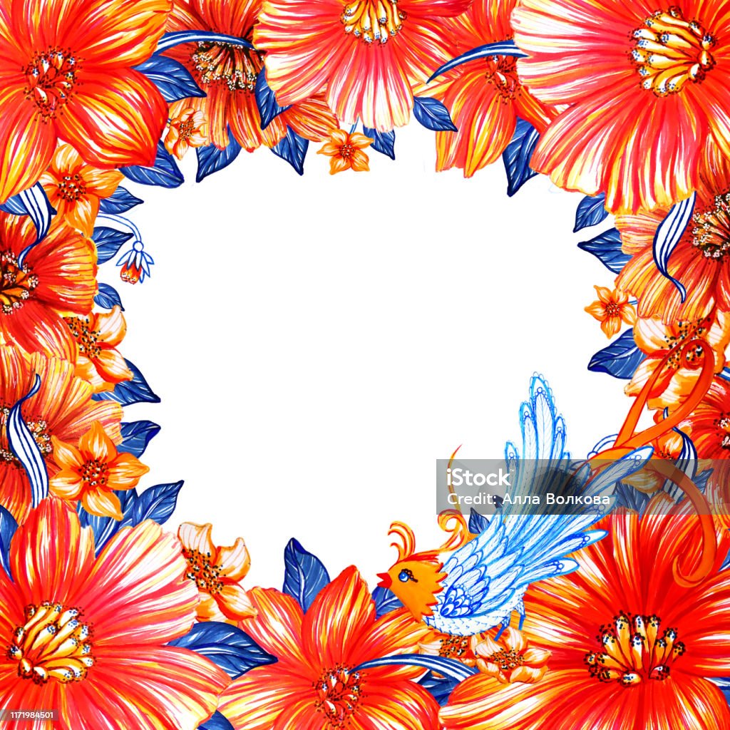 Arrangement De Fleur Avec Un Oiseau De Fantaisie Cadre Rouge Daquarelle