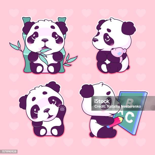 Schattige Panda Kawaii Cartoon Vector Tekens Instellen Schattig