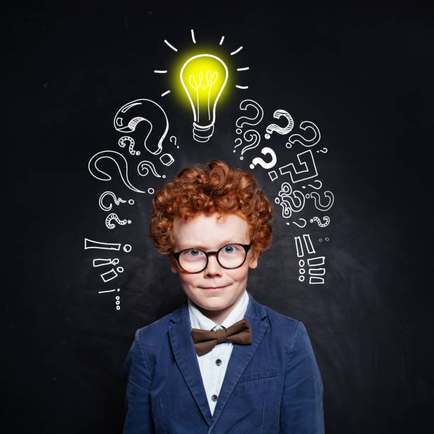 Smart child in school uniform and lightbulb, brainstorming and idea ...
