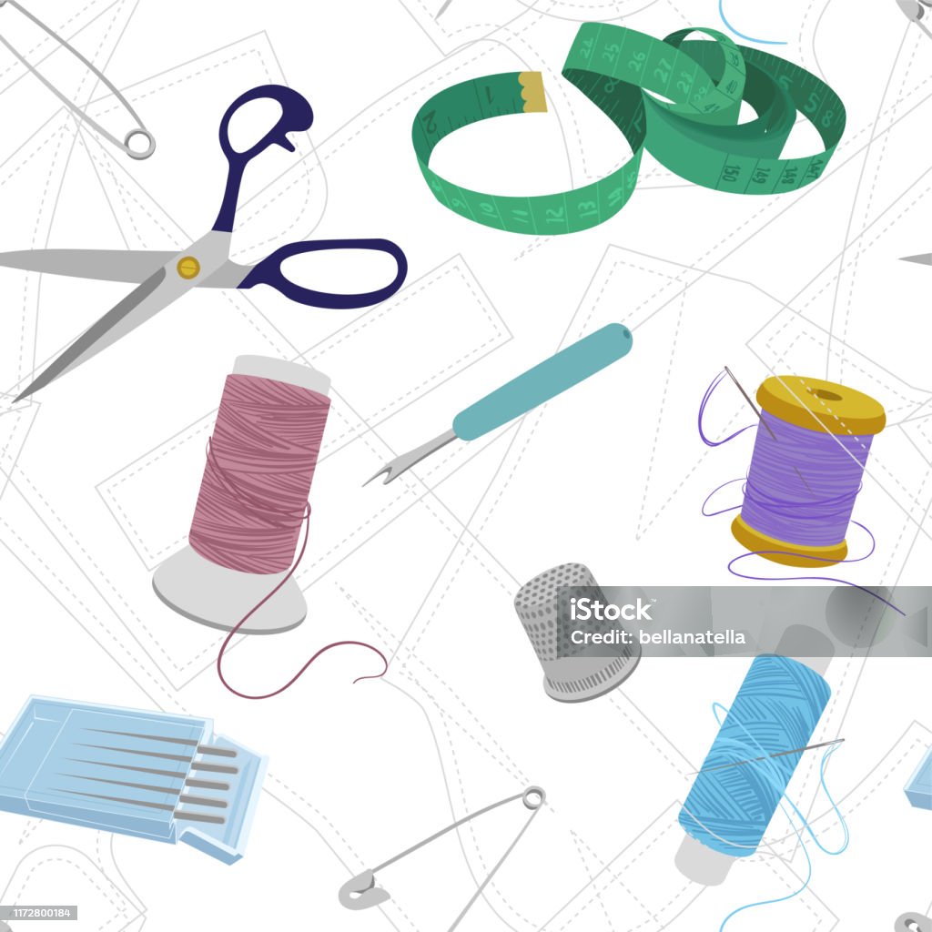 Seamless Vector Sewing Pattern With Paper Patterns And Sewing Tools