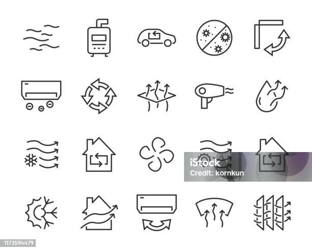 Set Ikon Udara Ac Pemurnian Udara Kipas Angin Angin Ilustrasi Stok