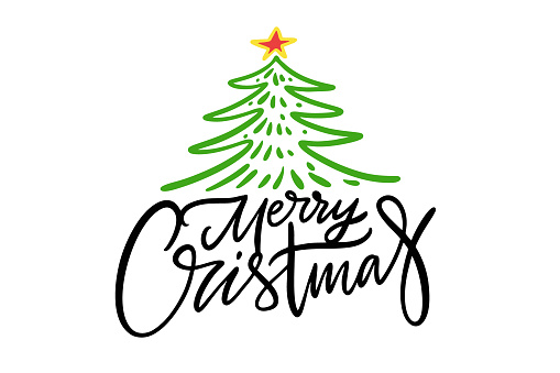 Merry Christmas Hand Drawn Vector Lettering In Christmas Tree Isolated