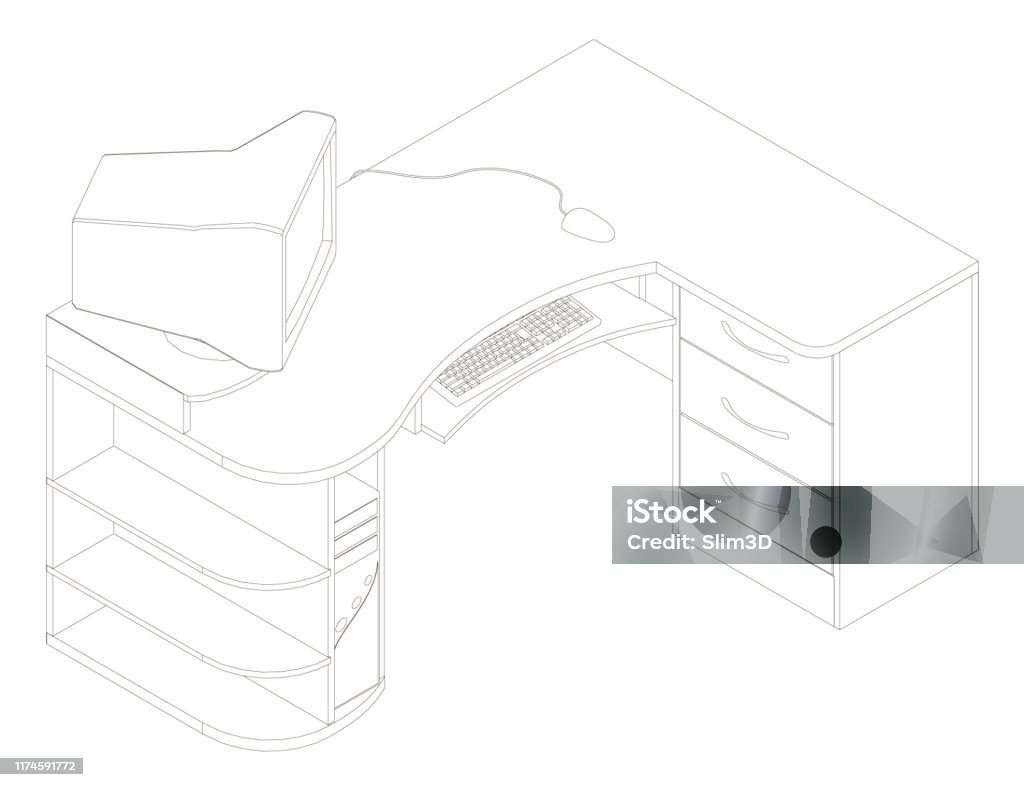 Kontur Meja Komputer Dengan Keyboard Monitor Besar Dan Unit Sistem