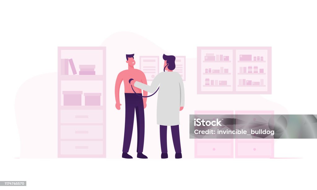 Ilustración De Practicante Con Estetoscopio Escuchar Personaje Masculino Paciente Corazón